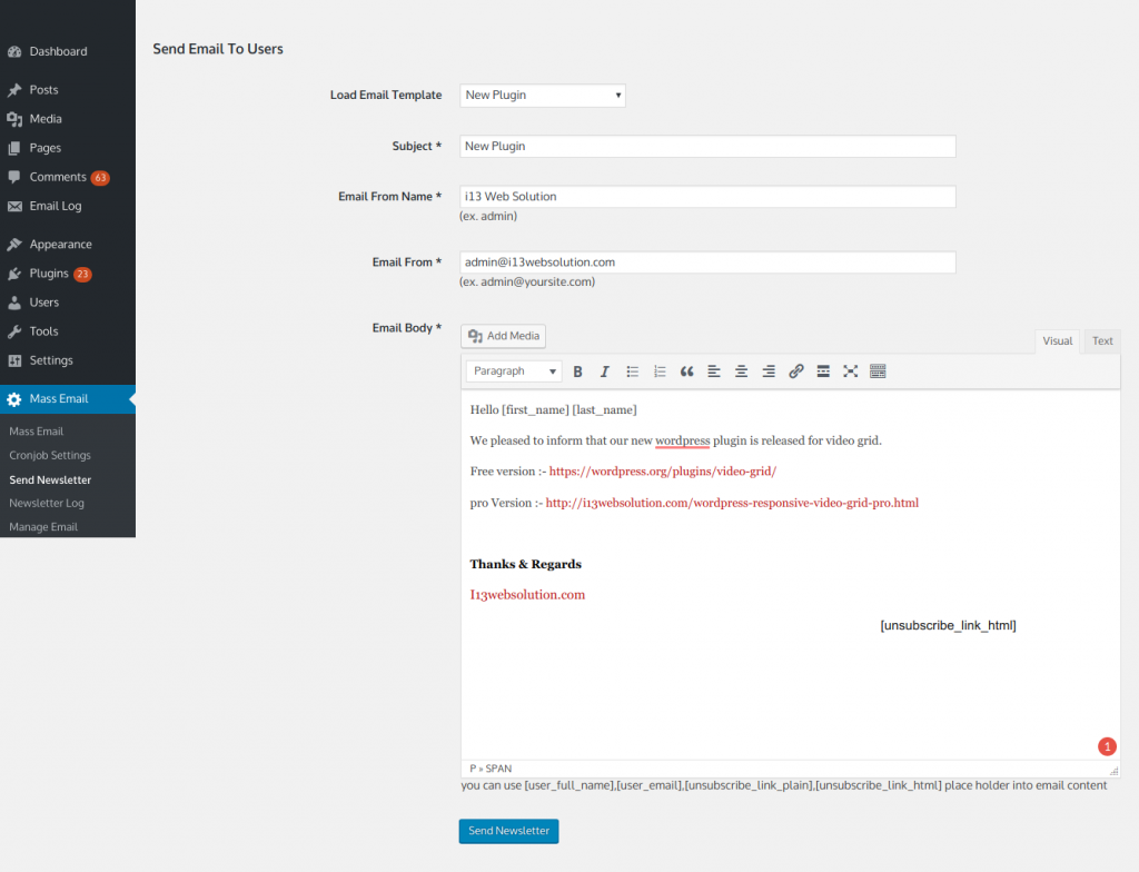 WordPress Bulk Email Pro Plugin - I13 Web Solution